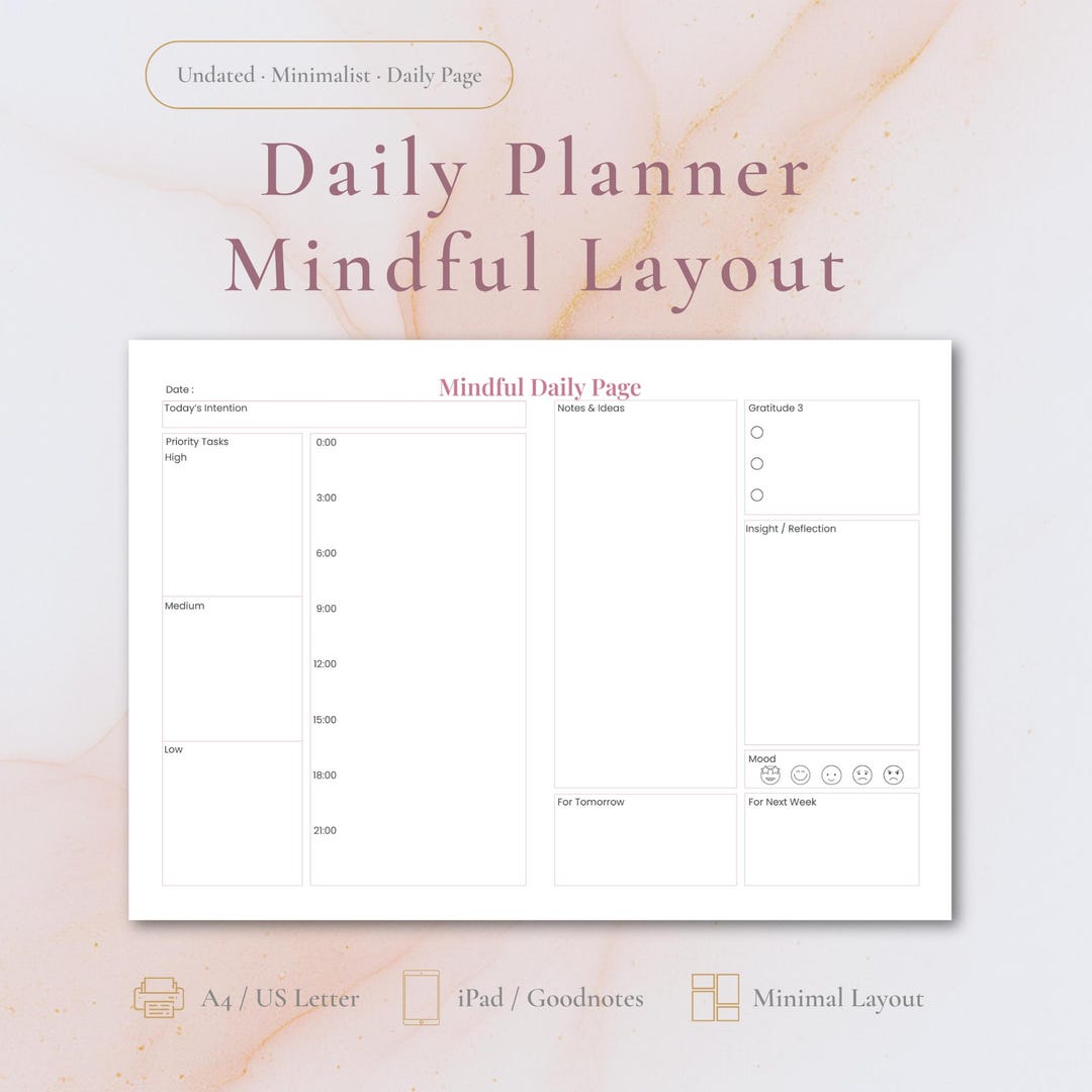 Mindful Daily Planner Printable Minimal Undated Daily Page for Calm ...