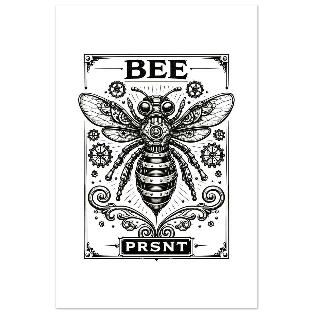Steampunk Bee Wall Art Print, Mechanical Bee Monochrome Poster, Vintage ...