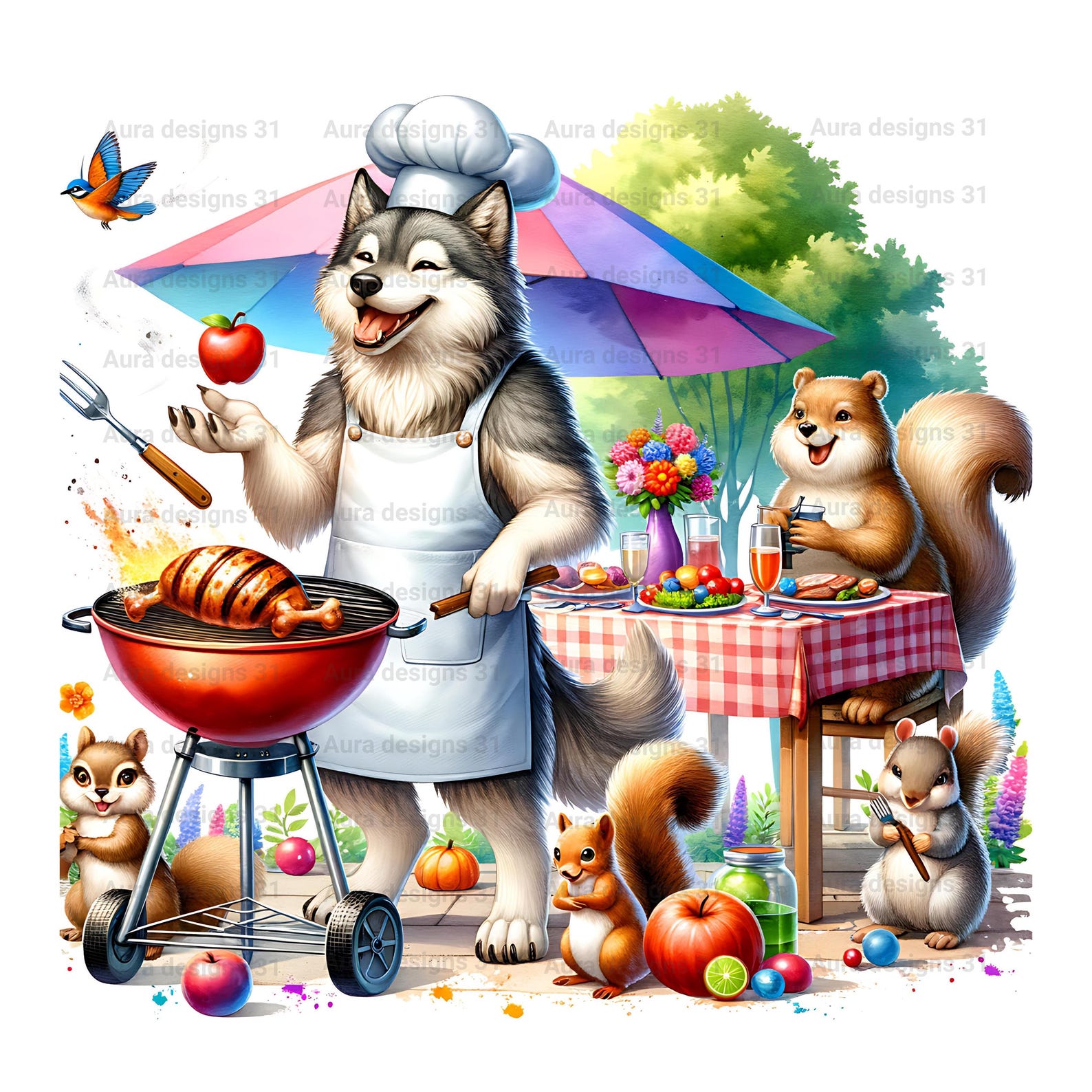 Animal BBQ Party Clipart | Watercolor Grill Scene (digital Download) - Etsy