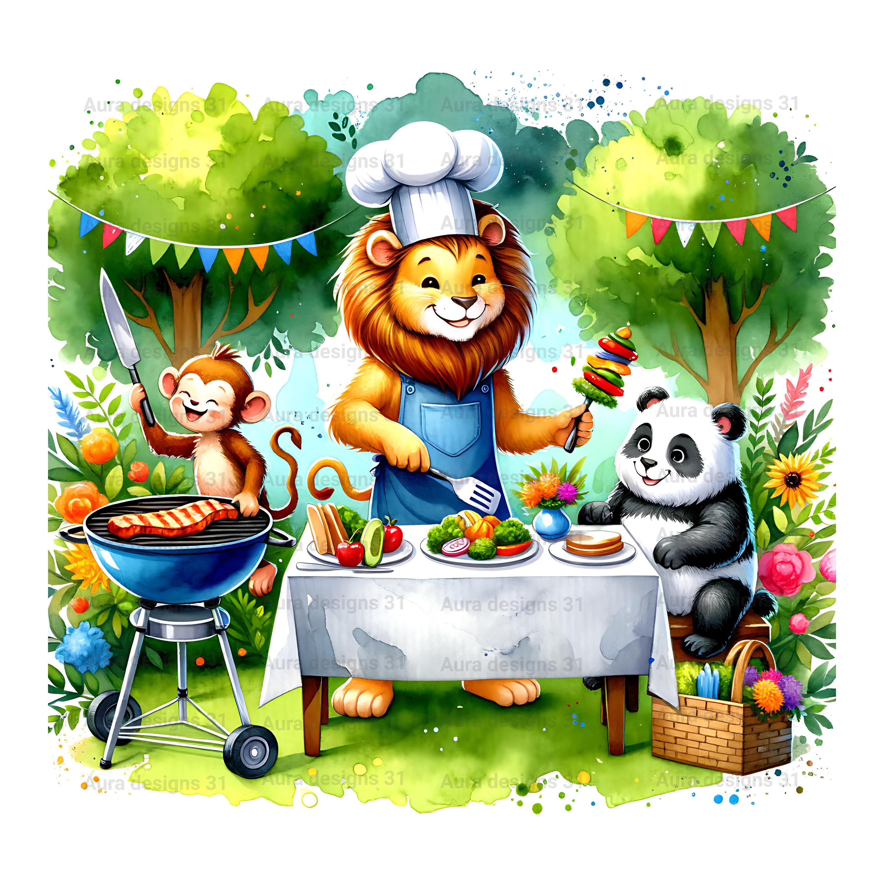Animal BBQ Party Clipart | Watercolor Grill Scene (digital Download) - Etsy