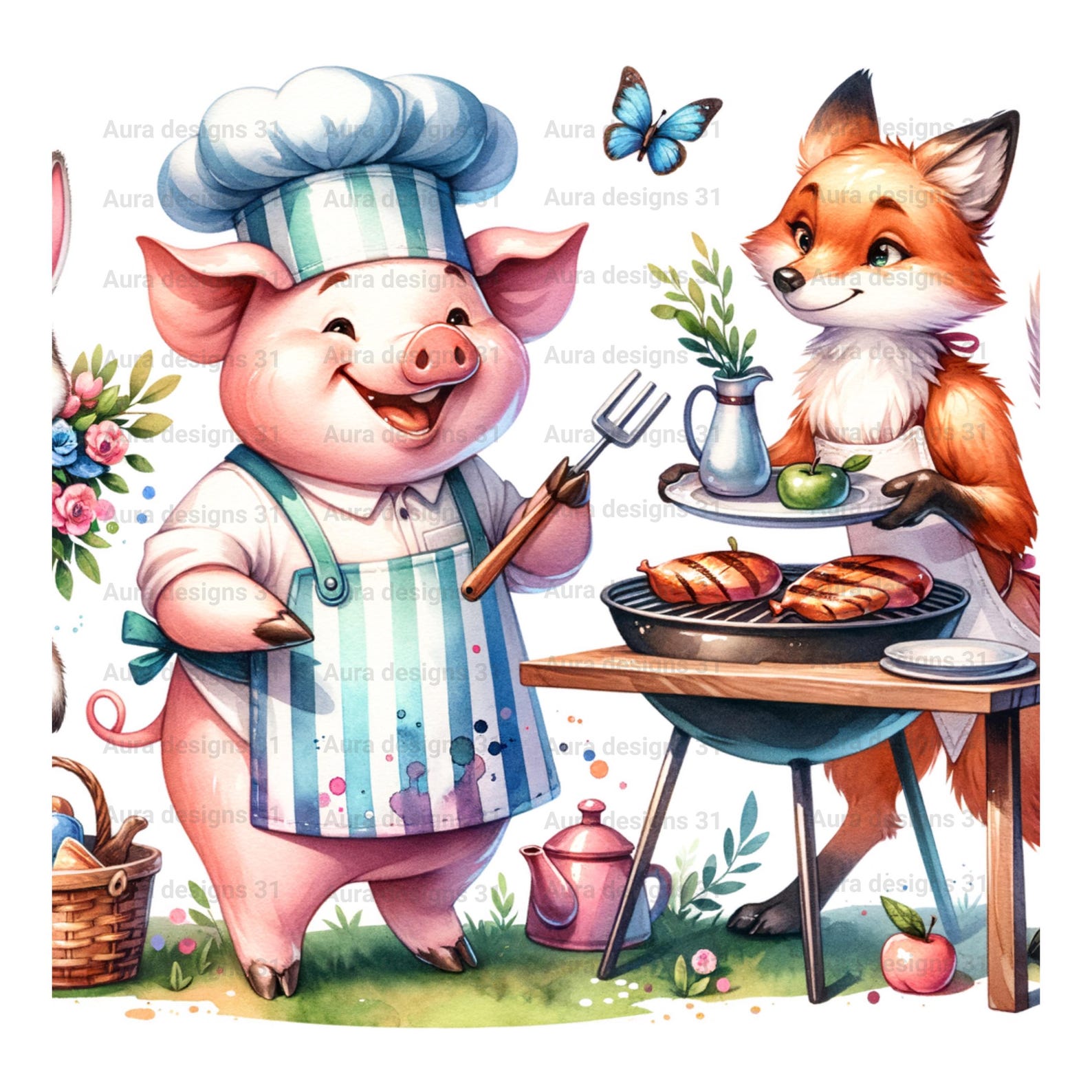 Animal BBQ Party Clipart | Watercolor Grill Scene (digital Download) - Etsy