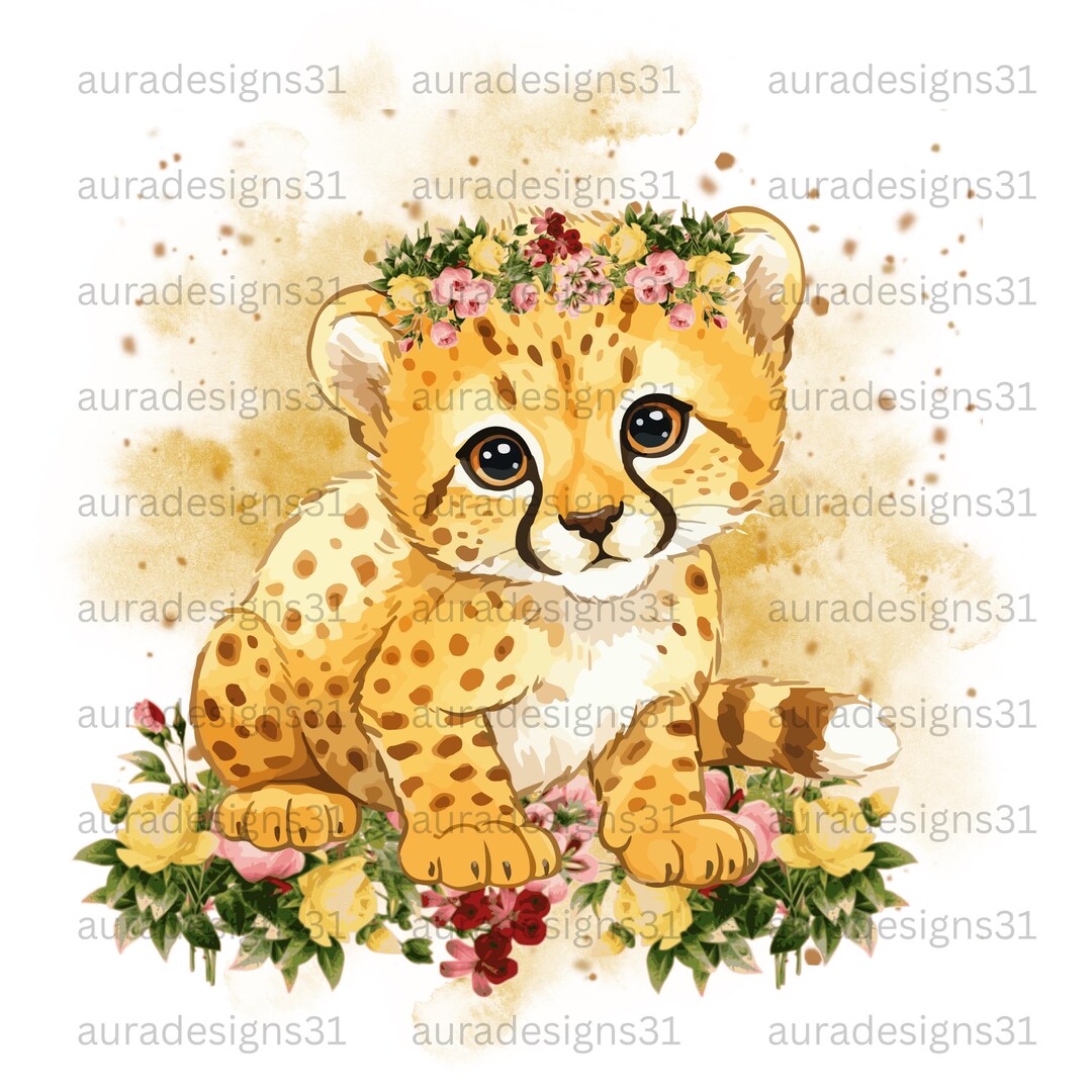 Cheetah Cub Clipart | Floral Crown, High-resolution JPG (digital ...