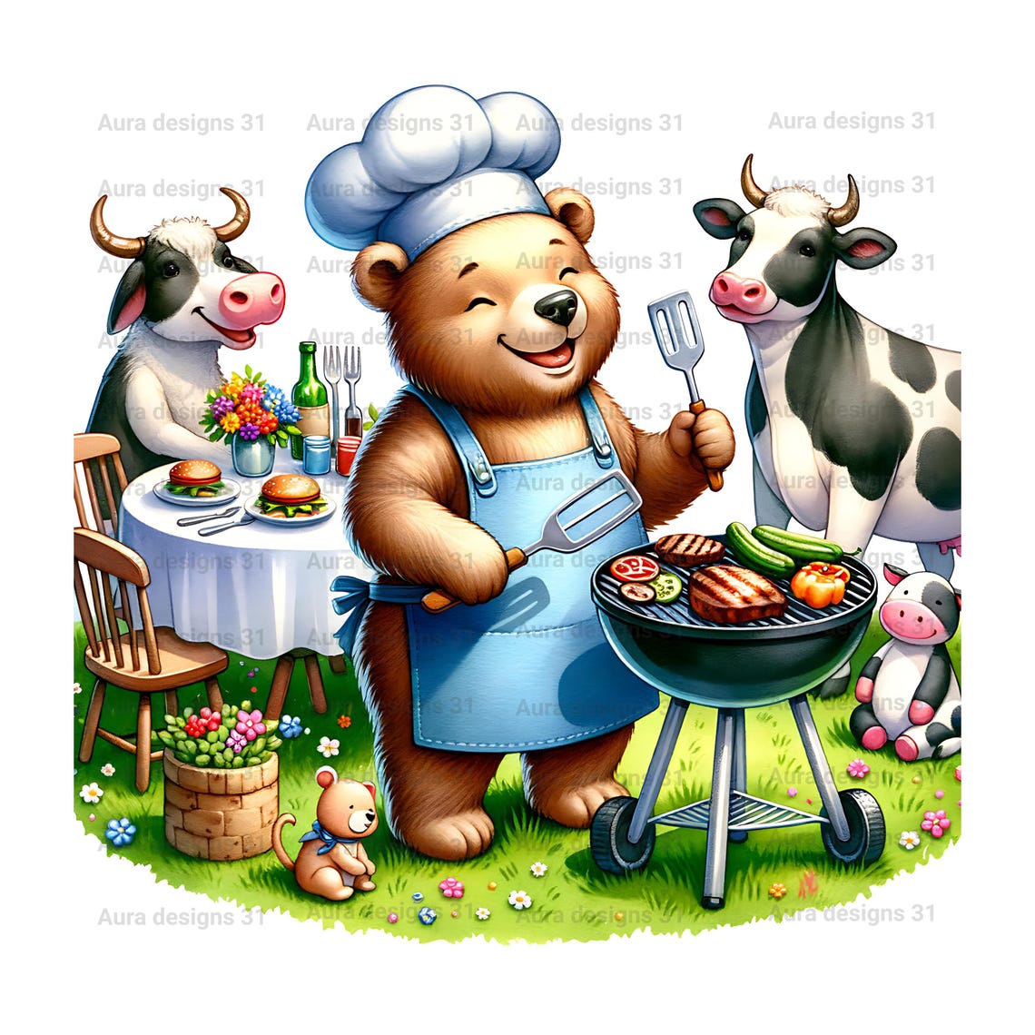 Animal BBQ Party Clipart | Watercolor Grill Scene (digital Download) - Etsy