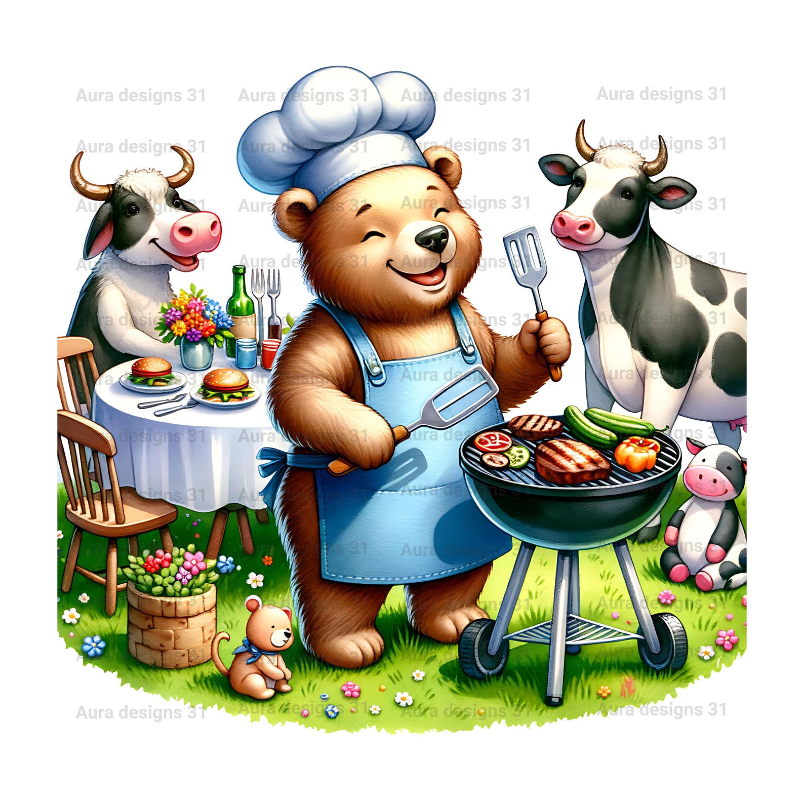 Animal BBQ Party Clipart | Watercolor Grill Scene (digital Download) - Etsy
