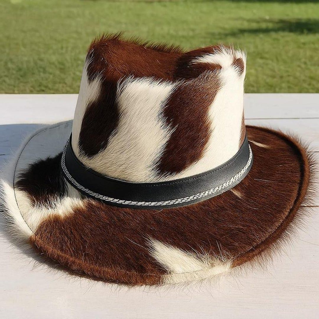 Handmade Unisex Cowhide Fedora Top Hat Steampunk Cowboy Hair-on Leather ...