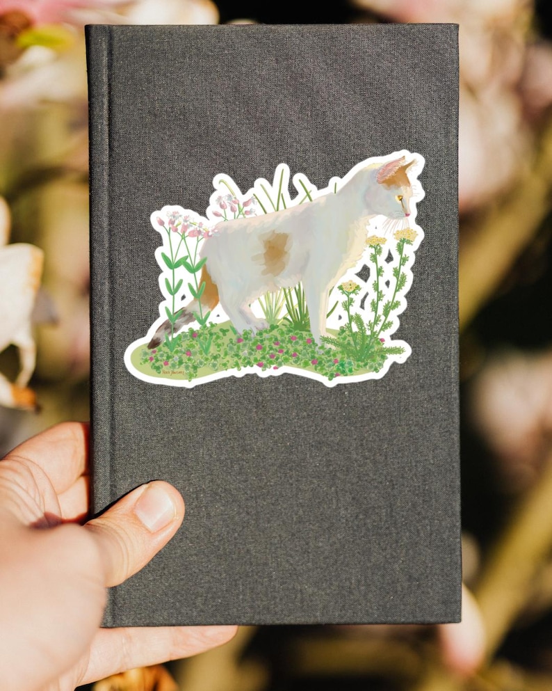 Botanical White Cat Sticker - Curious Cat in Wildflower Meadow ...