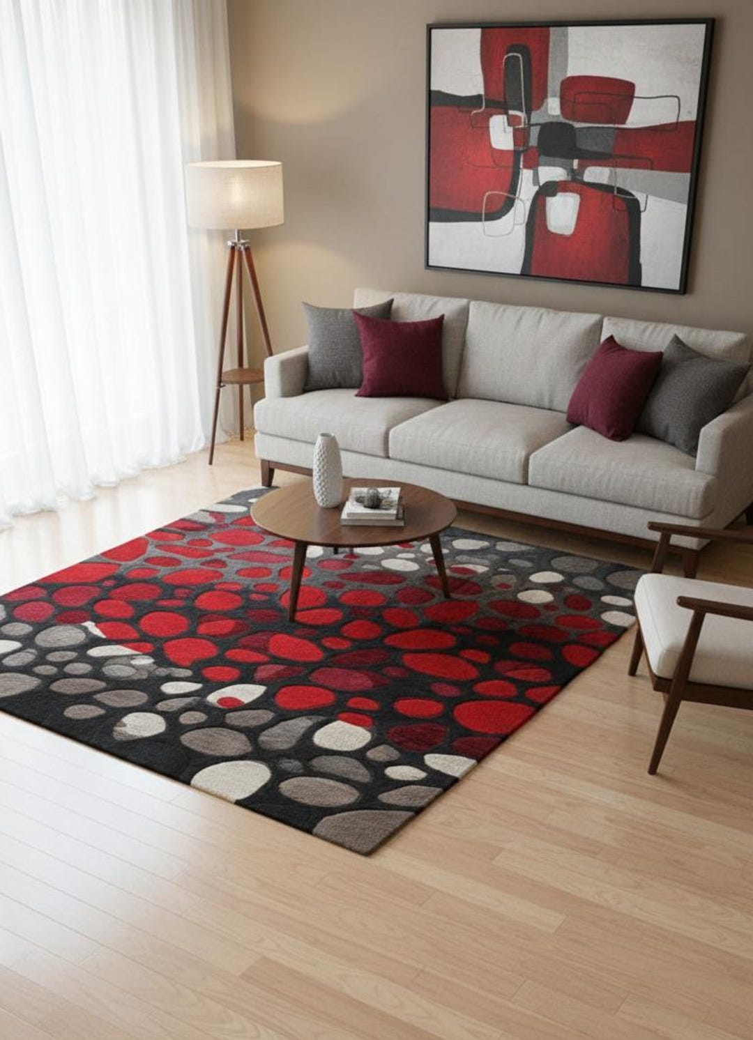 Modern Red & Black Abstract Area Rug – Geometric Circle Pattern Carpe ...