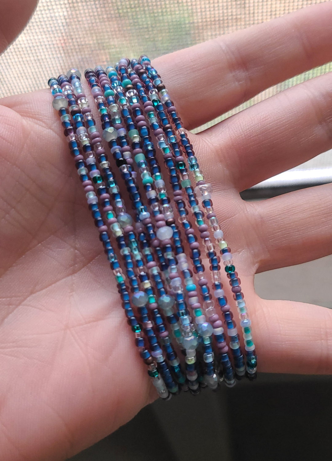 Single Strand Confetti Blue Seed Bead Bracelet, Multi Color, Stackable ...