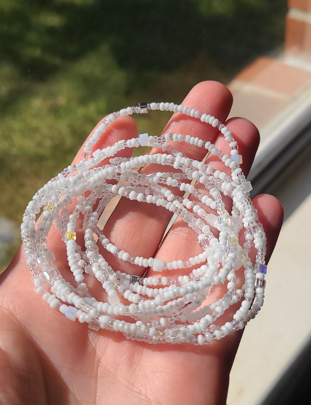 White Seed Bead Bracelet Set: Frosted Cubed Glass, Handmade Stretchy ...