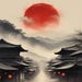 Japanese Samurai Village Wall Art, Red Sun Zen Landscape, Asian Fantasy ...