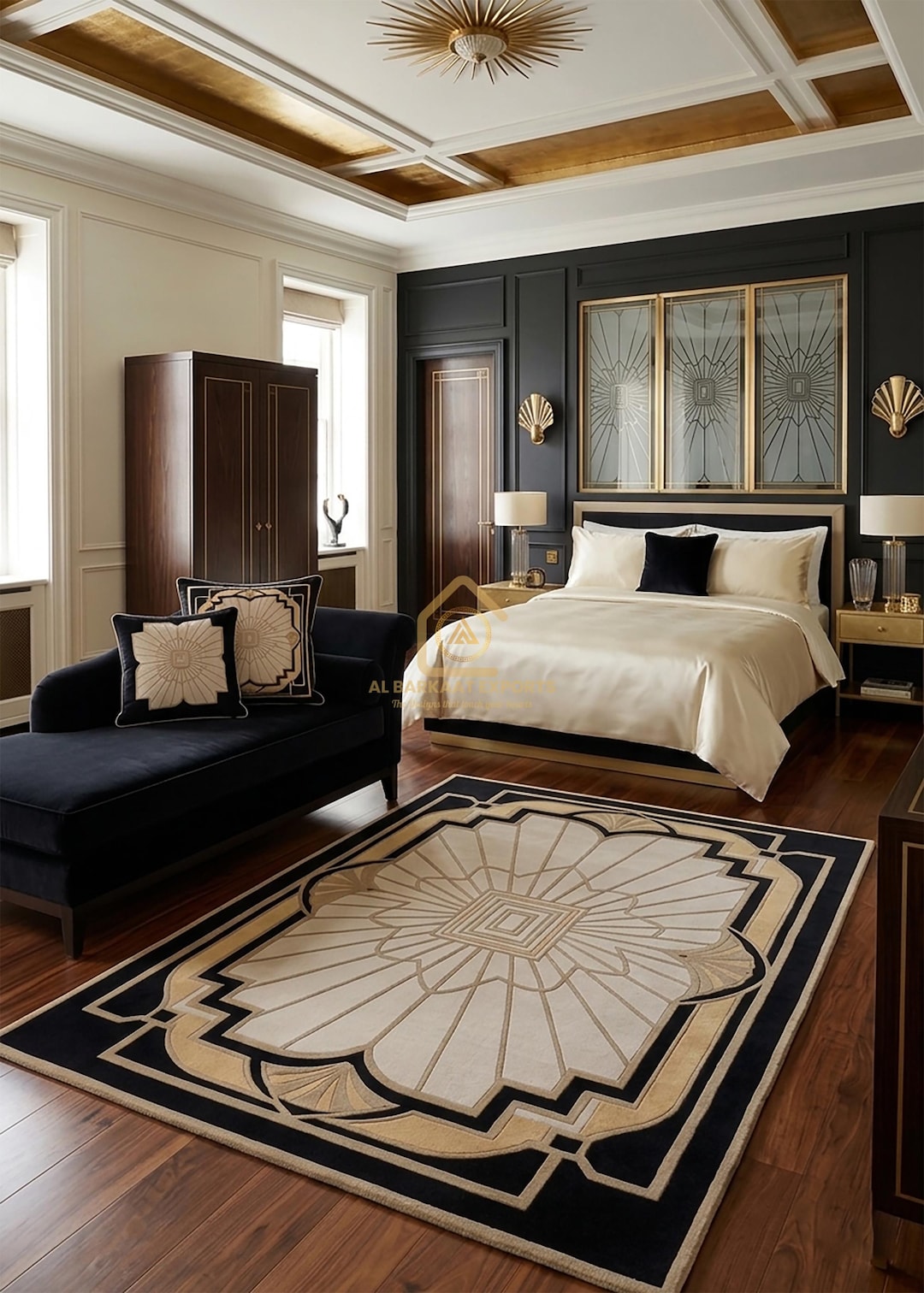 Art Deco Black Gold Floral Medallion Rug | Hand Tufted Wool Geometric ...