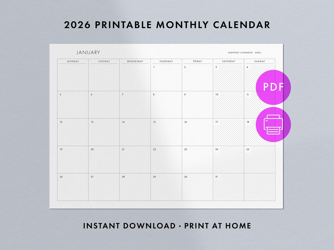 2026 Monthly Calendar Printable | Minimal Design | A4 & US Letter ...
