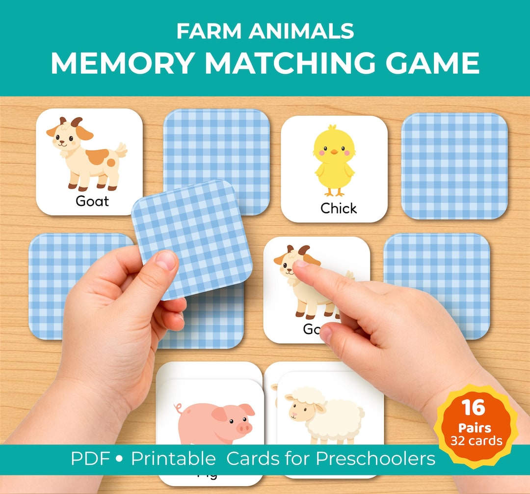 Farm Animals Memory Matching Game Printable, Preschool Learning ...