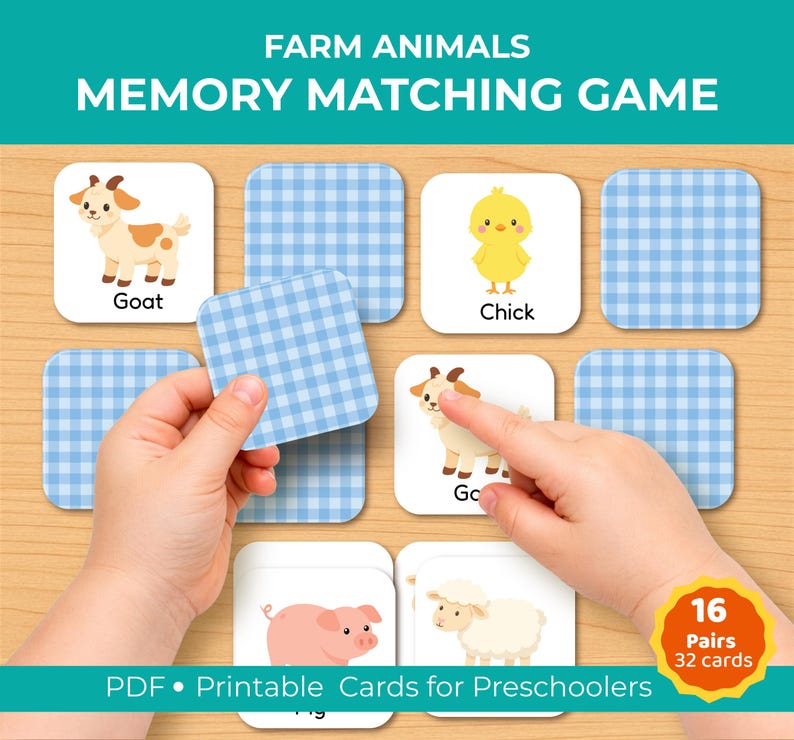 Farm Animals Memory Matching Game Printable, Preschool Learning ...