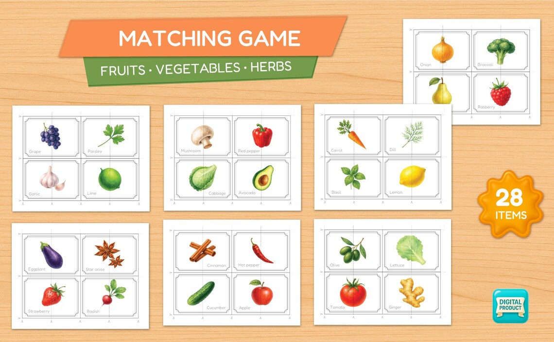 Fruits, Vegetables and Herbs Matching Game | Printable Montessori ...