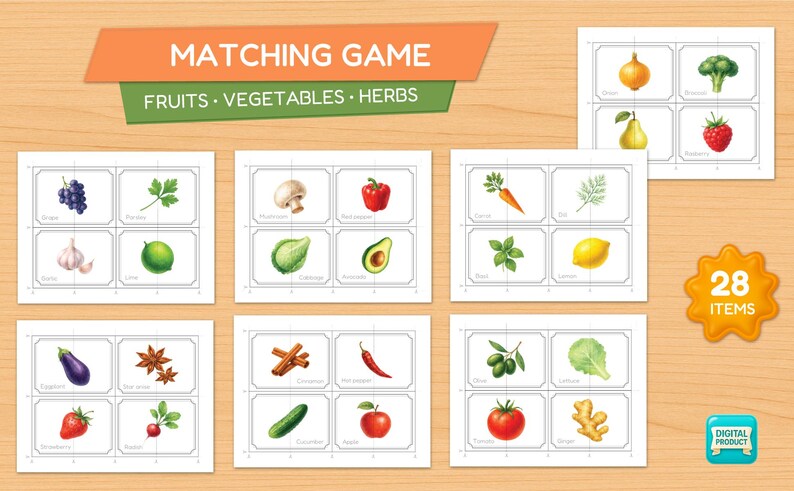 Fruits, Vegetables and Herbs Matching Game | Printable Montessori ...
