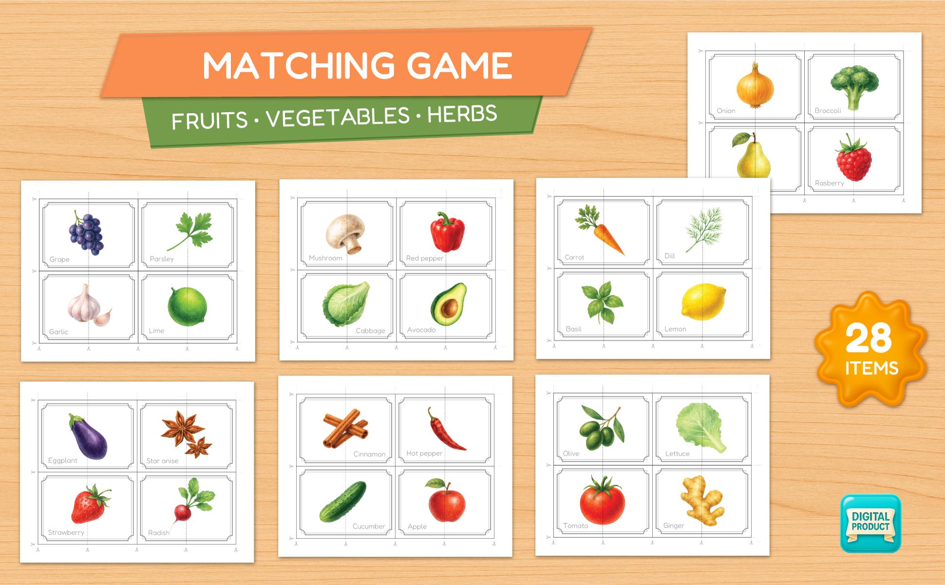 Fruits, Vegetables and Herbs Matching Game | Printable Montessori ...
