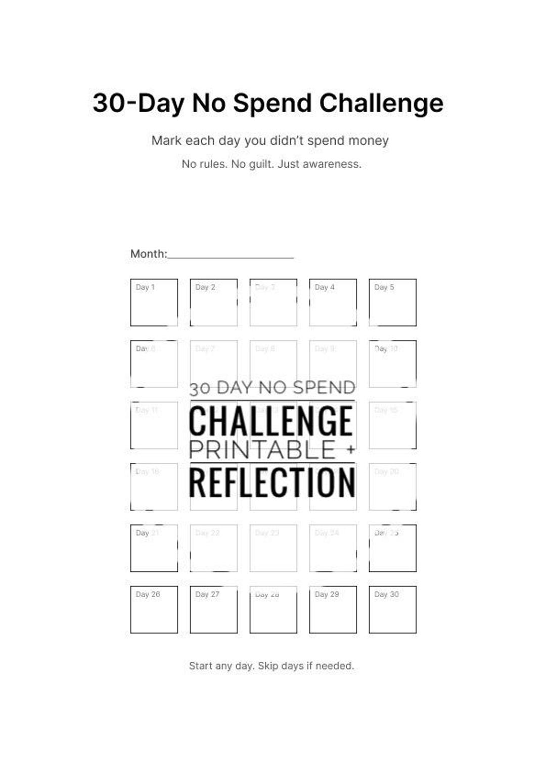 30 Day No Spend Challenge Printable With Reflection, Simple Budget ...