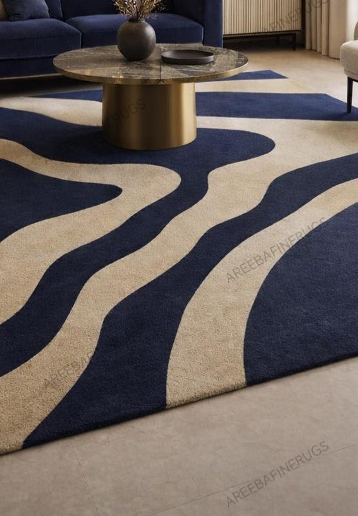 Modern Blue Wave Area Rug, Abstract Living Room Rug in Beige & Navy - Etsy
