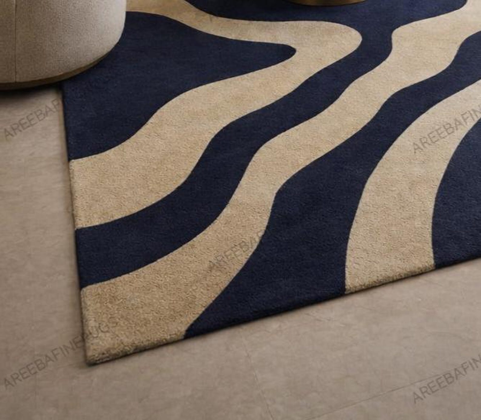 Modern Blue Wave Area Rug, Abstract Living Room Rug in Beige & Navy - Etsy