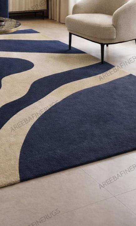 Modern Blue Wave Area Rug, Abstract Living Room Rug in Beige & Navy - Etsy