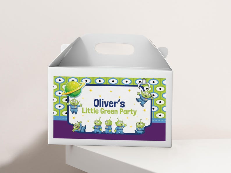 Little Green Men Favor Box Label, Alien Party Editable Canva Sticker ...