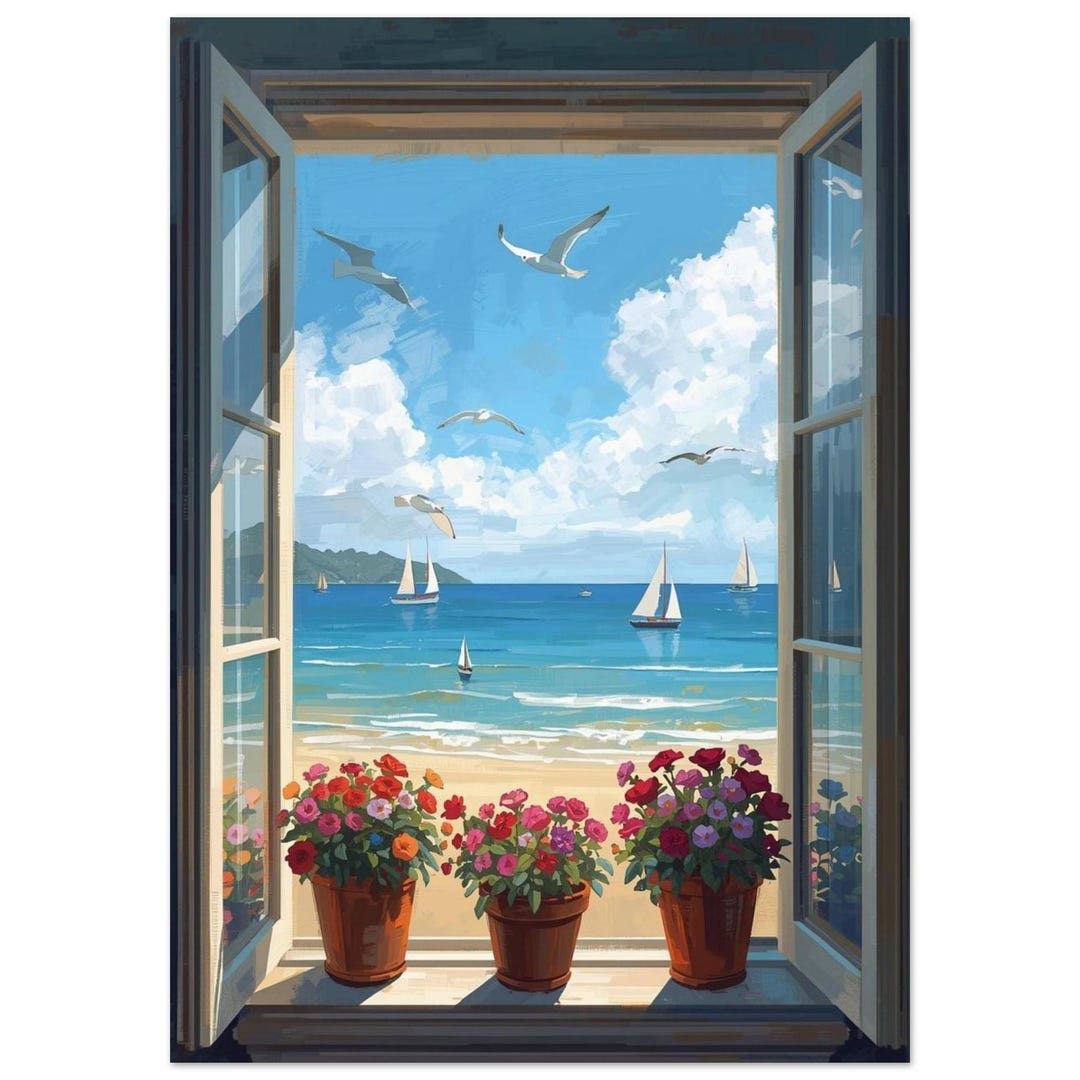 Coastal Window View Wall Art | Ocean Sailboat Painting Print | Beach ...