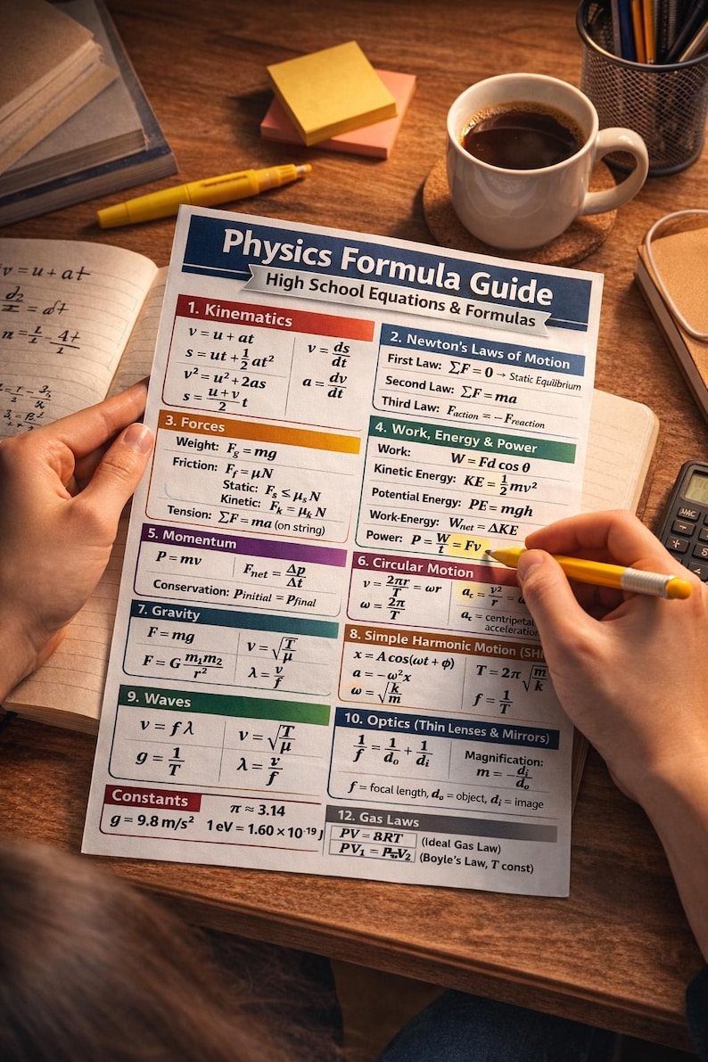 High School Physics Formula Sheet – Kinematics, Newton’s Laws, SHM ...