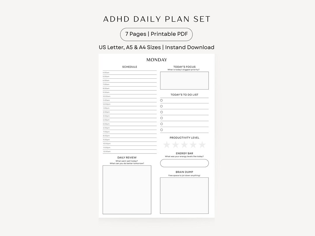 ADHD Daily Planner Printable | Minimalist Daily Focus & Time Blocking ...
