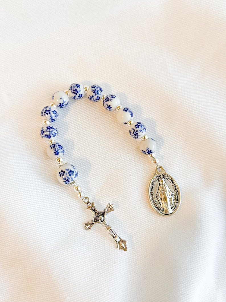 Blue Floral Ceramic Decade Rosary | Silver Crucifix & Miraculous Medal ...