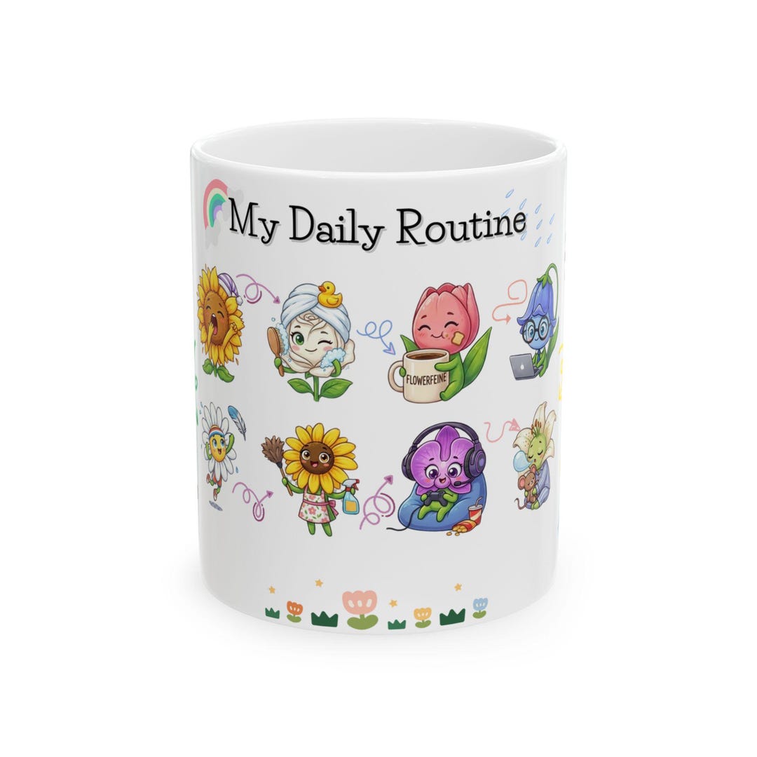 Cute Flower Daily Routine Mug Funny Kawaii Bloom Cartoon Coffee Cup ...