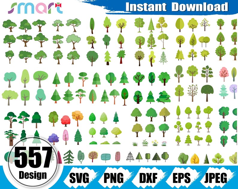 Cute Tree Svg Bundle,forest Svg,colored Cartoon Tree Branches Pine Palm ...