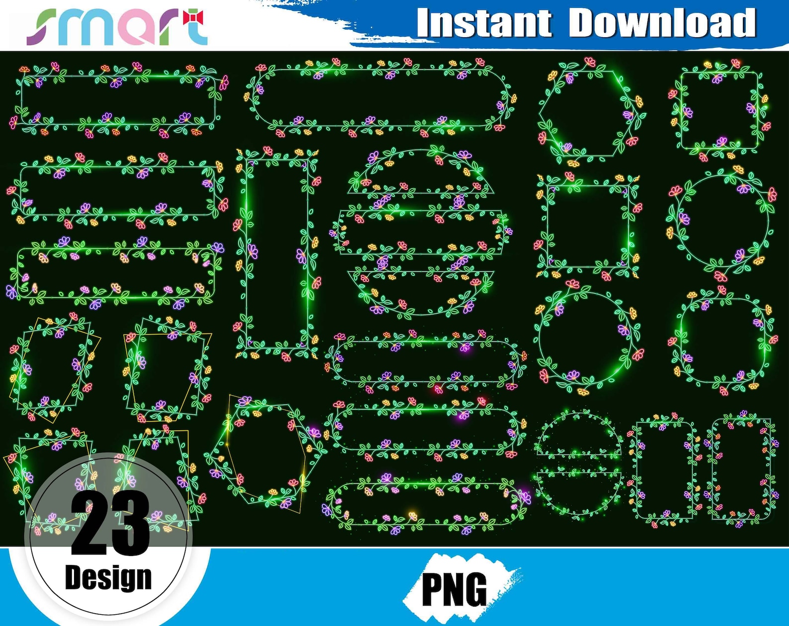 Neon Wreath Clip Art, Neon Garland Clip Art, Neon Frame Clip Art, Neon ...