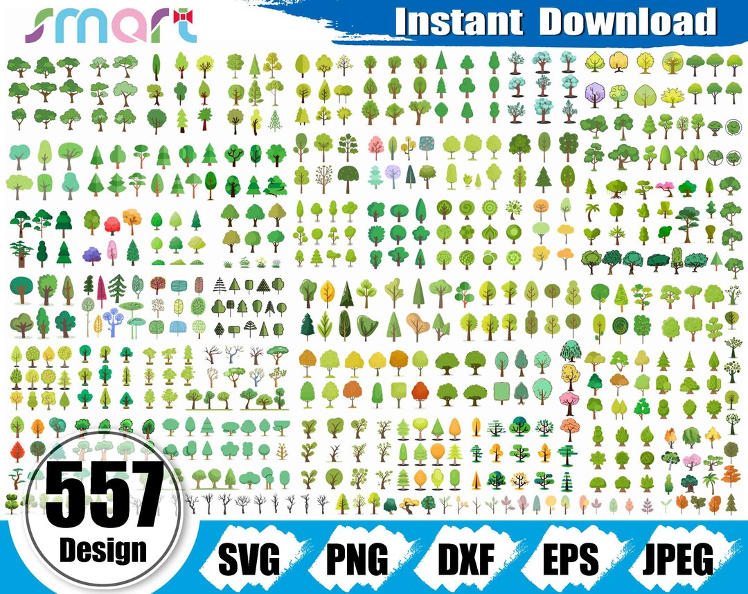 Cute Tree Svg Bundle,forest Svg,colored Cartoon Tree Branches Pine Palm ...