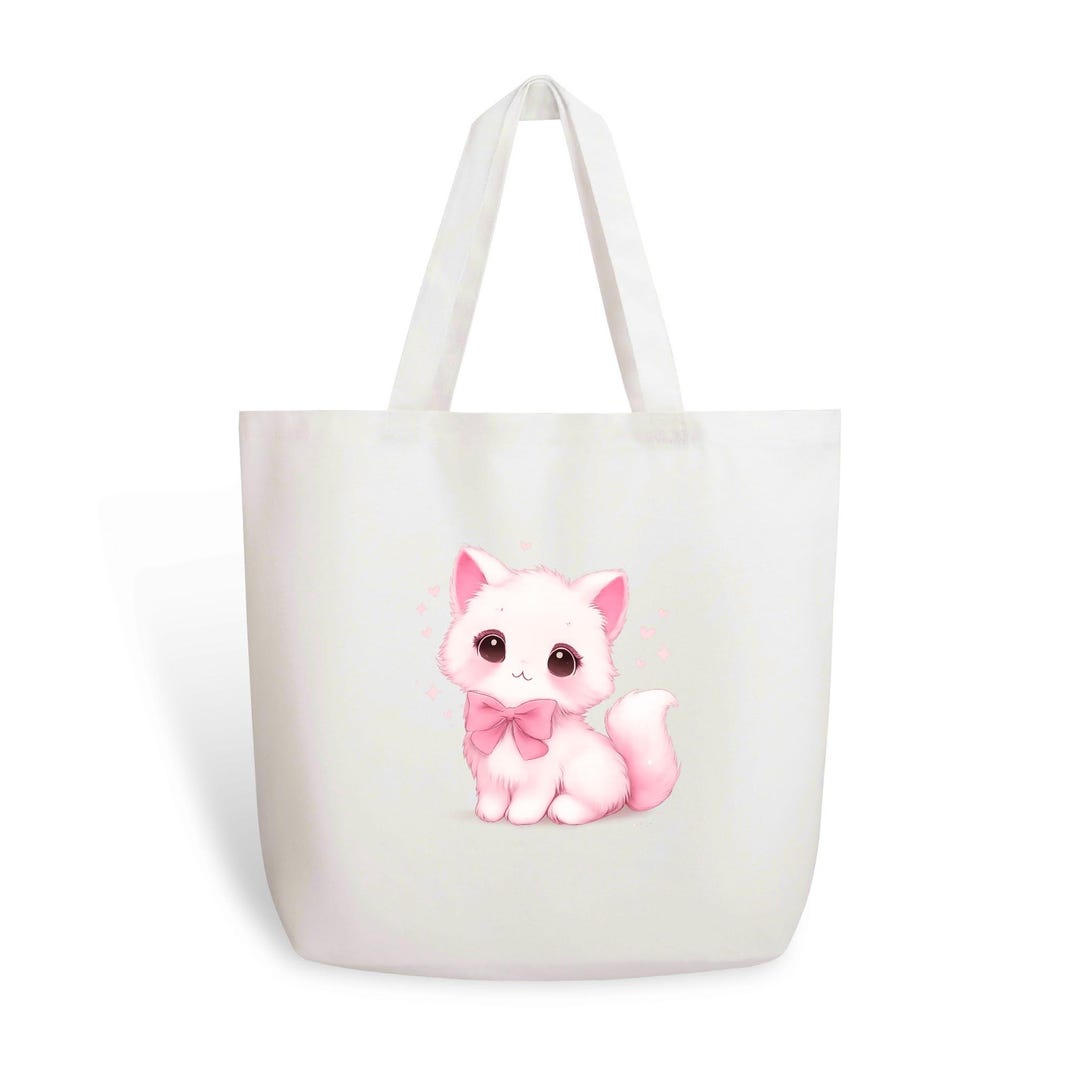 Cute Pink Cat Tote Bag, Kawaii Kitten Cotton Tote, Girly Cat Aesthetic ...