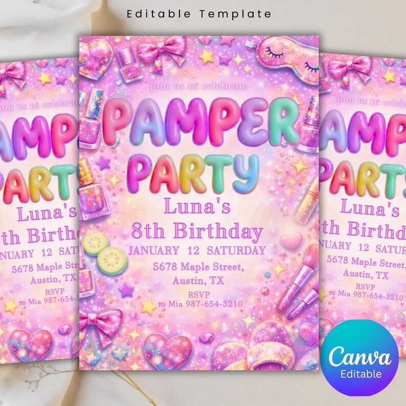 Pamper Party Invitation, Pastel Glitter Pamper Party, Girls Spa ...