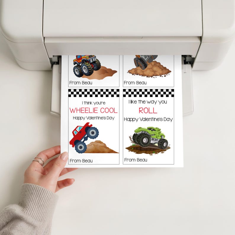 Monster Truck Valentine Day Cards Kid School Classroom Party Printable ...
