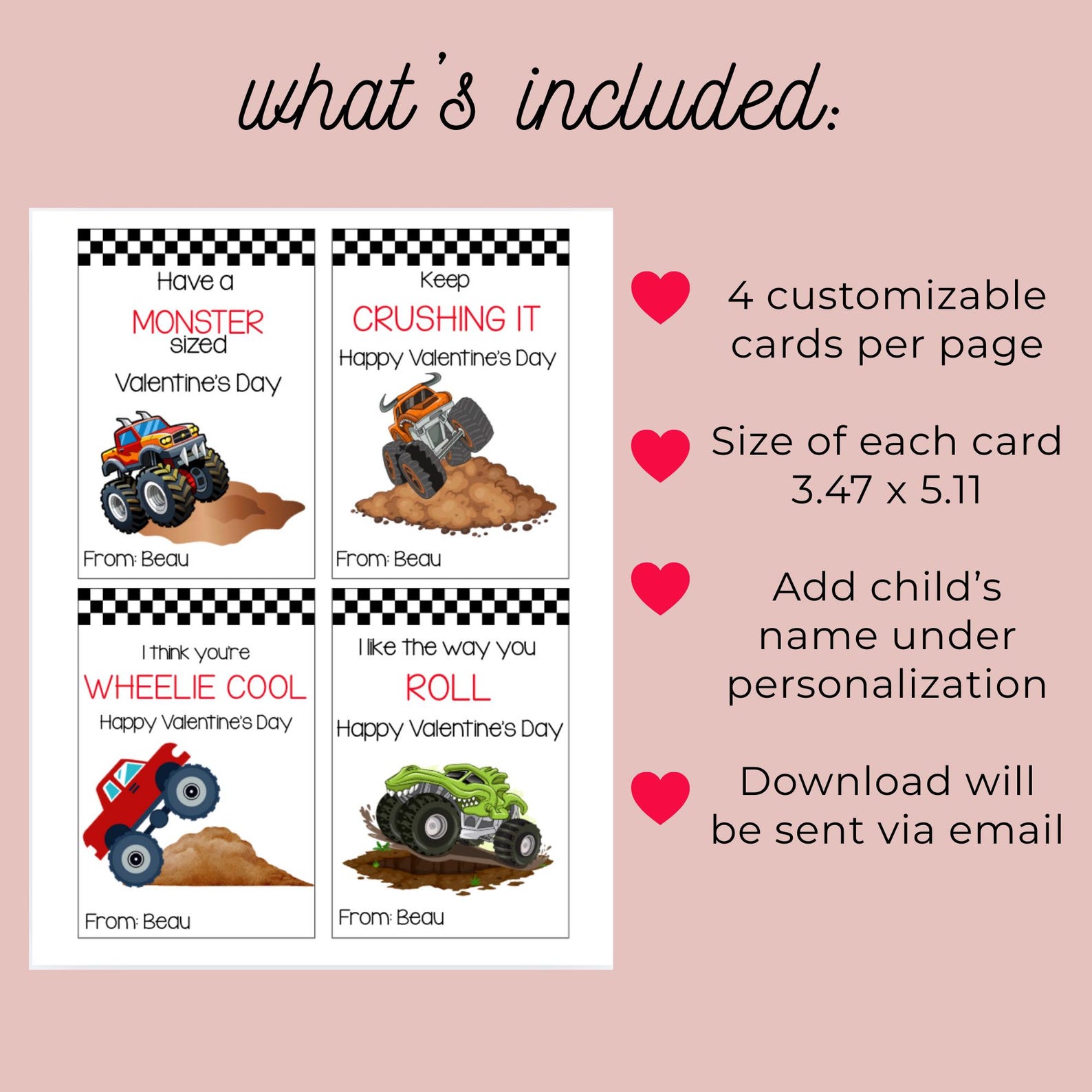 Monster Truck Valentine Day Cards Kid School Classroom Party Printable ...