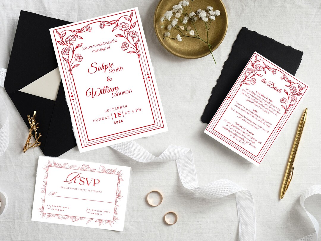 Red Flower Arc Wedding Invitation Template, Classic Elegant Minimalist ...