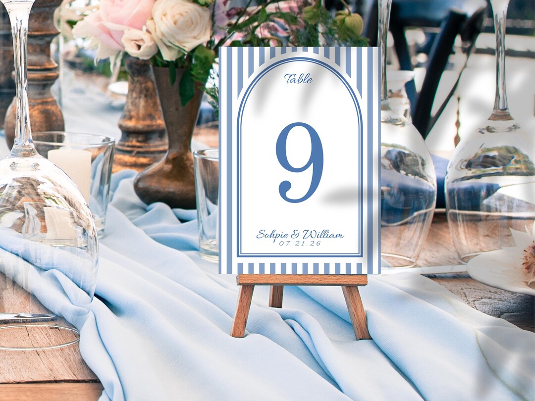 Blue Striped Table Number Template Elegant Printable Table Sign ...