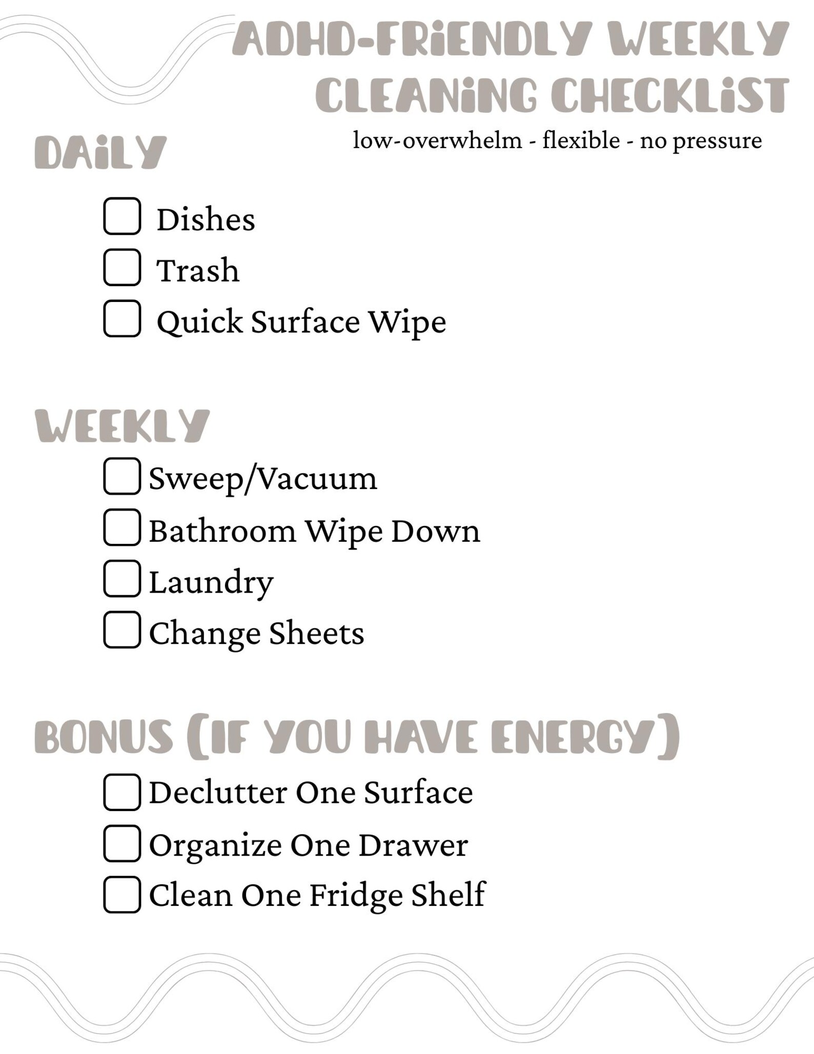 ADHD Cleaning Checklist Printable | Weekly Cleaning Schedule | Low ...