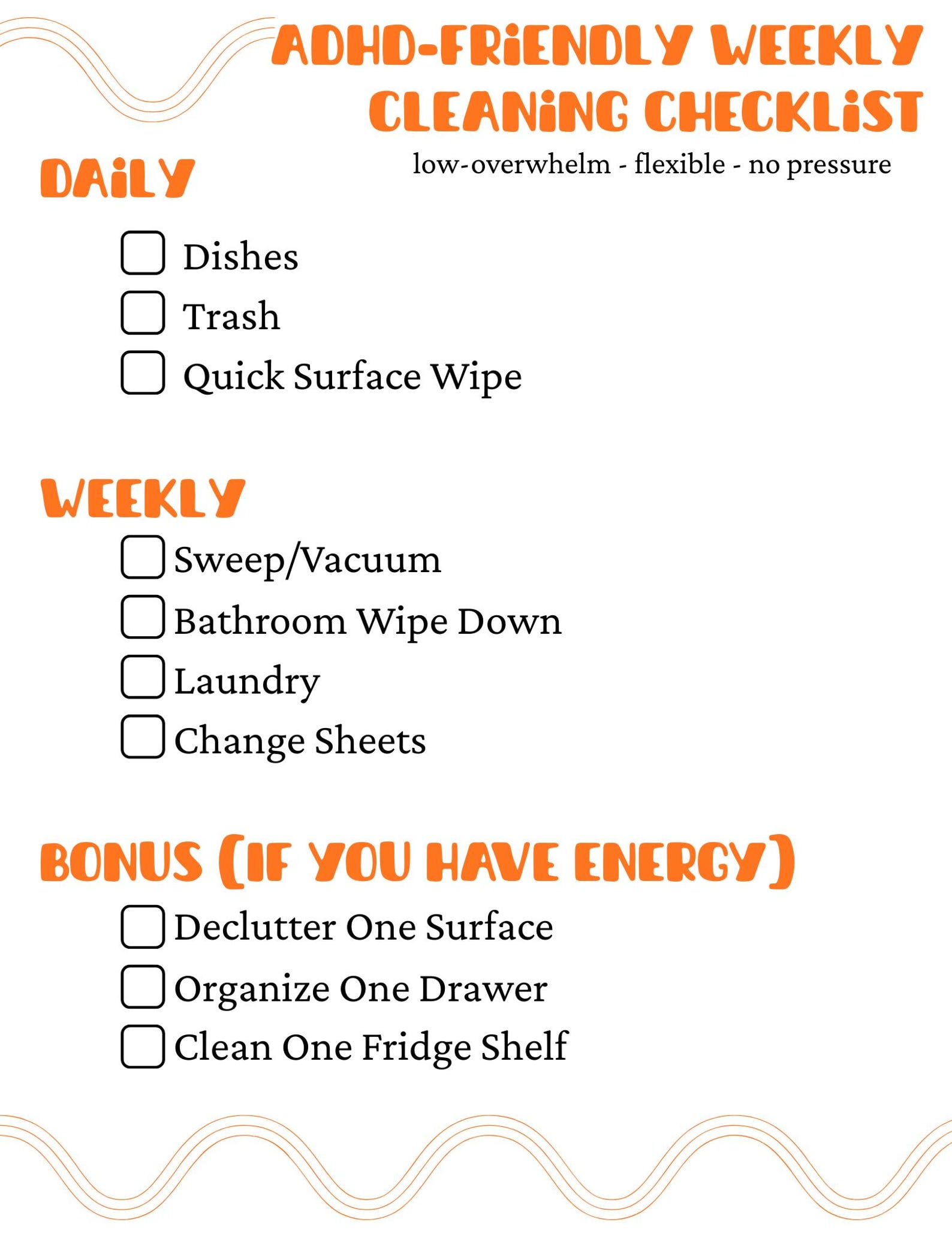 ADHD Cleaning Checklist Printable | Weekly Cleaning Schedule | Low ...