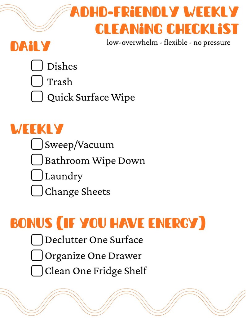ADHD Cleaning Checklist Printable | Weekly Cleaning Schedule | Low ...