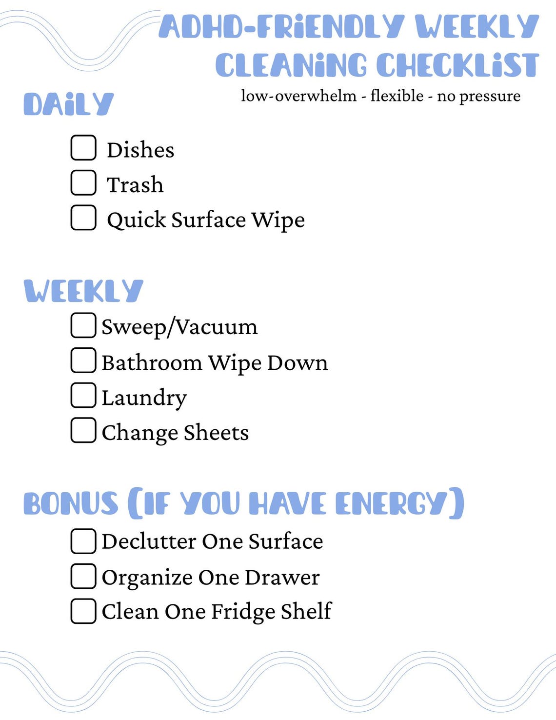 ADHD Cleaning Checklist Printable | Weekly Cleaning Schedule | Low ...