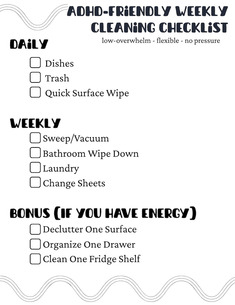 ADHD Cleaning Checklist Printable | Weekly Cleaning Schedule | Low ...