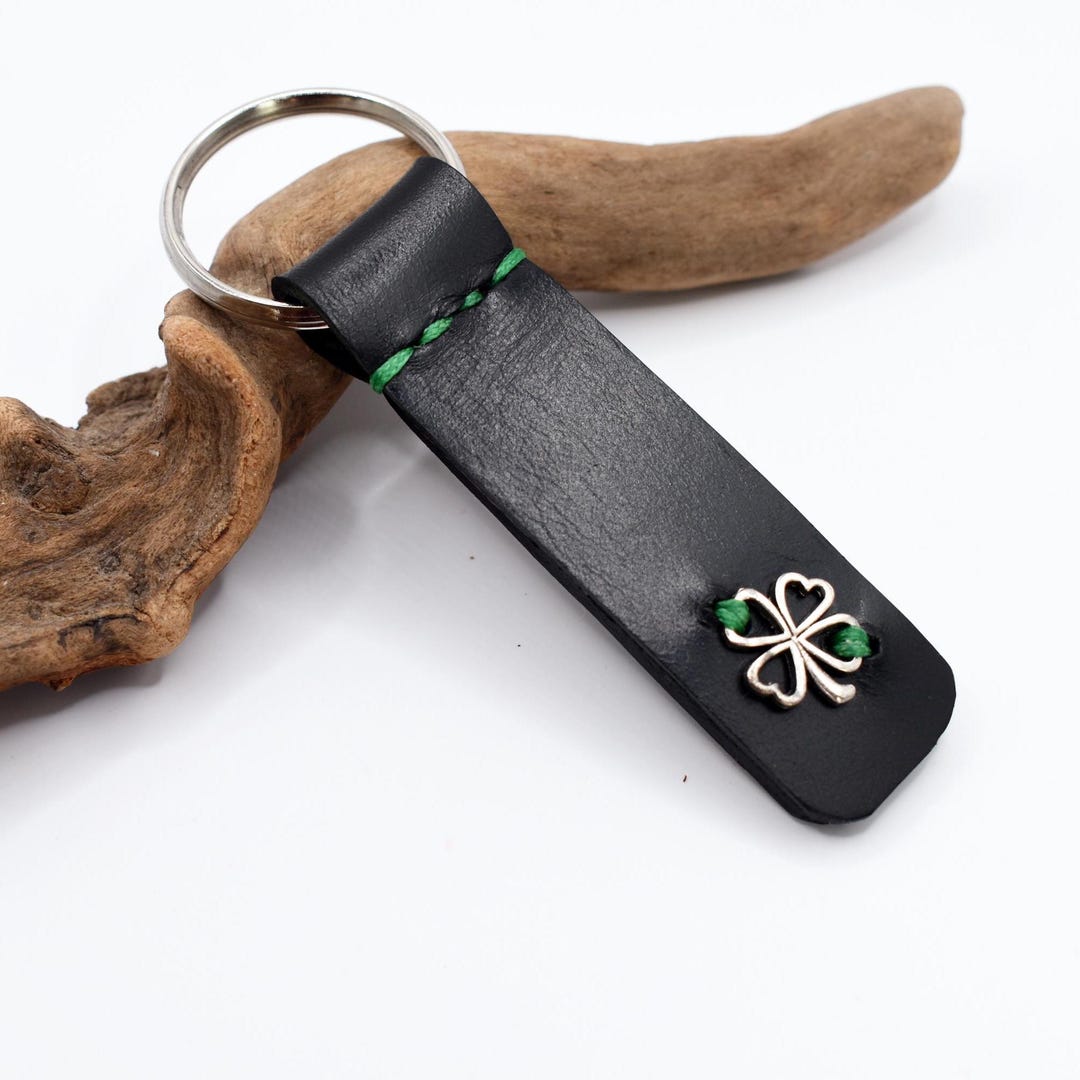 PERSONALIZED Shamrock Keychain – Engraved Leather 4-leaf Clover Keyring ...