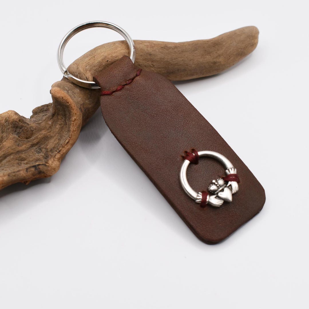 PERSONALIZED Claddagh Keychain – Engraved Irish Leather Anniversary Key ...