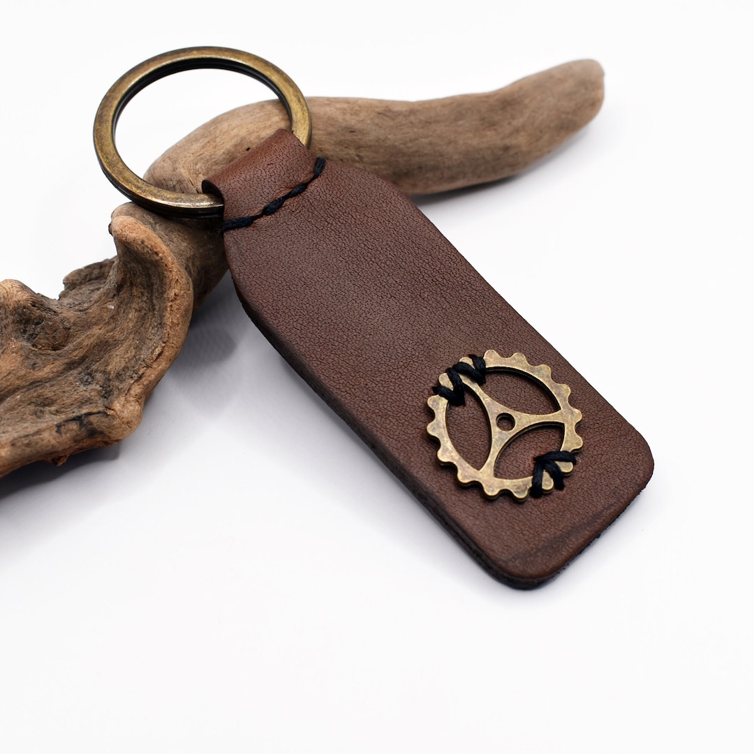 PERSONALIZED Leather Steampunk Cog Keychain, Clock Gear Keyring ...