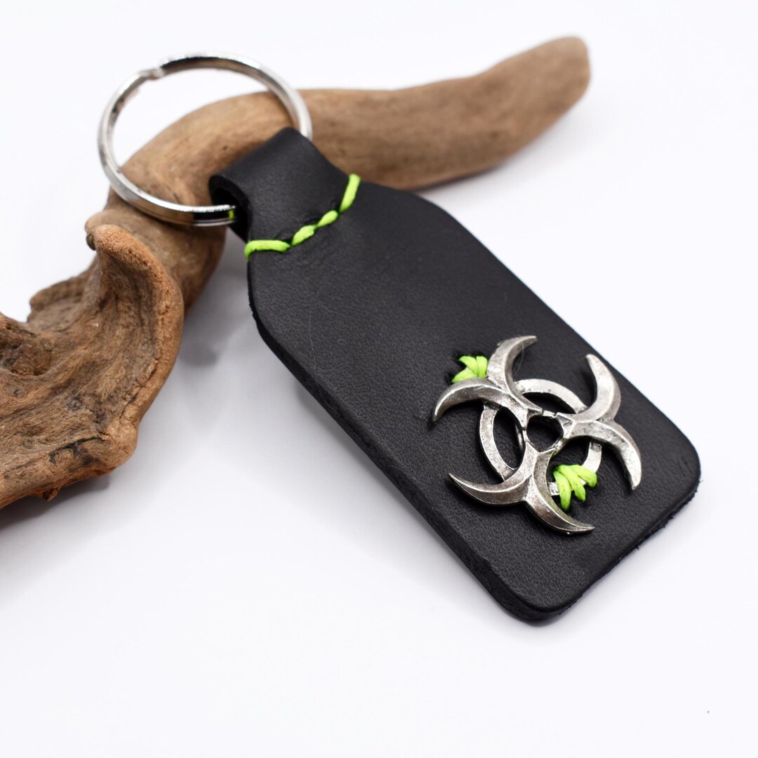 PERSONALIZED Biohazard Keychain, Men's Leather Keyring, Sci-fi Zombie ...