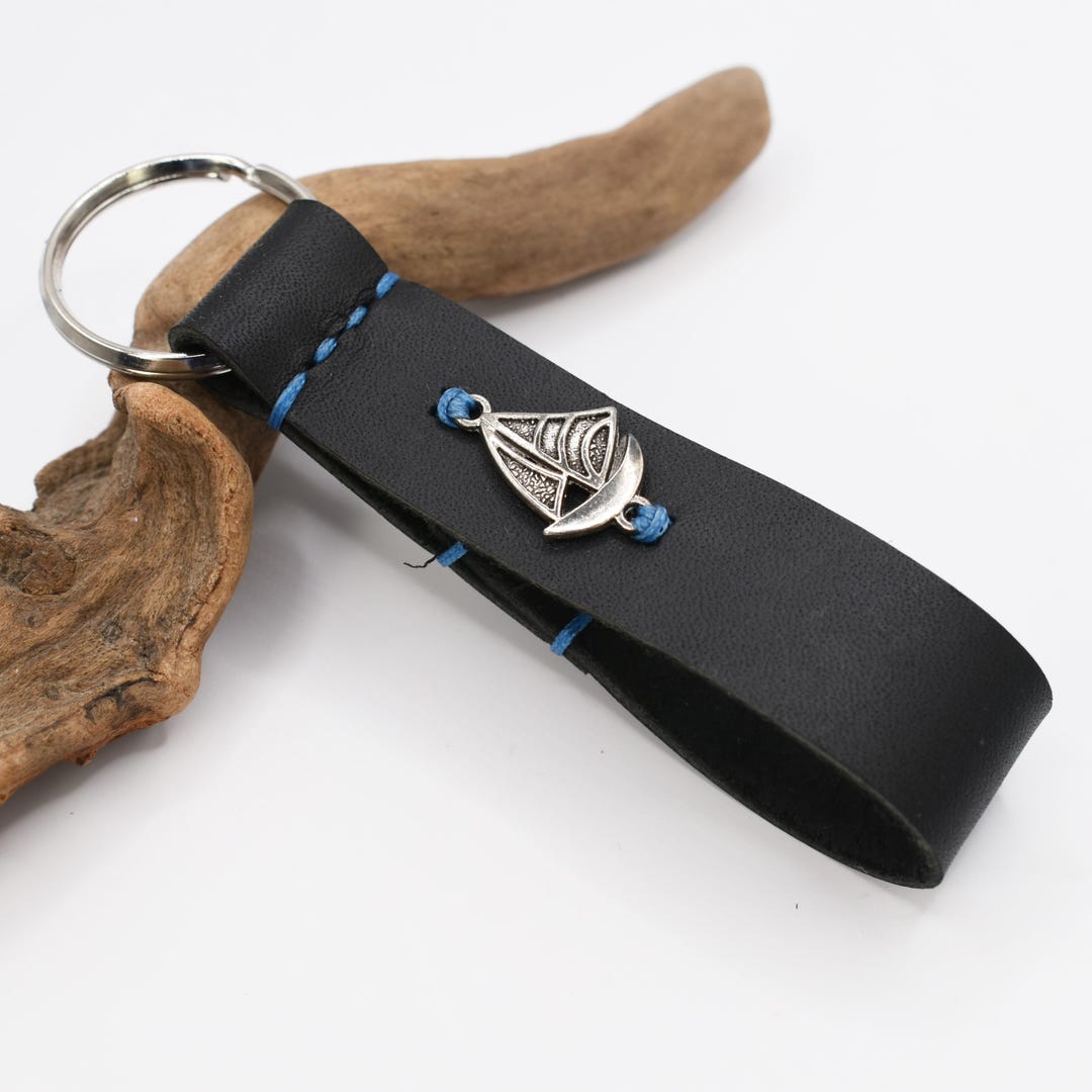 PERSONALIZED Navy Leather Keychain, Engraved Sailboat Charm, Nautical ...